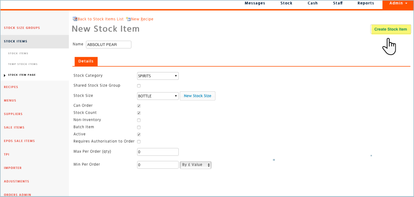 Enterprise - Stock Admin - Stock Items